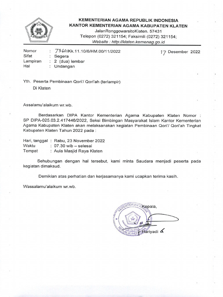 Undangan Peserta Pembinaan Qori' Qori'ah Tahun 2022 | PDF