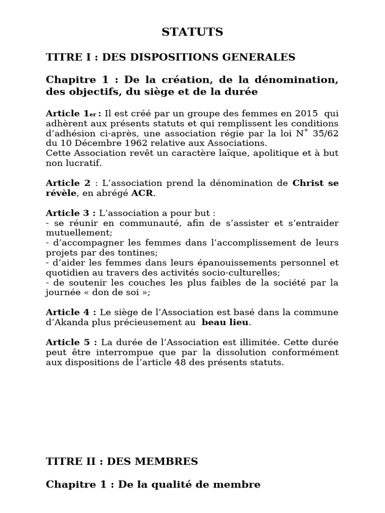 MODELE STATUTS ET REGLEMENT INTERIEUR ASSOCIATION (5) | PDF