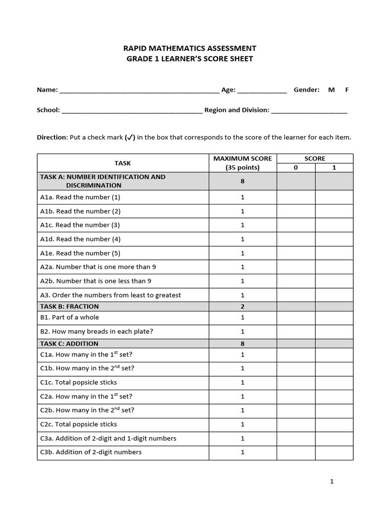 RMA2 - Grade 1 - Learner's Score Sheet - 7 June 2024 - Final | PDF