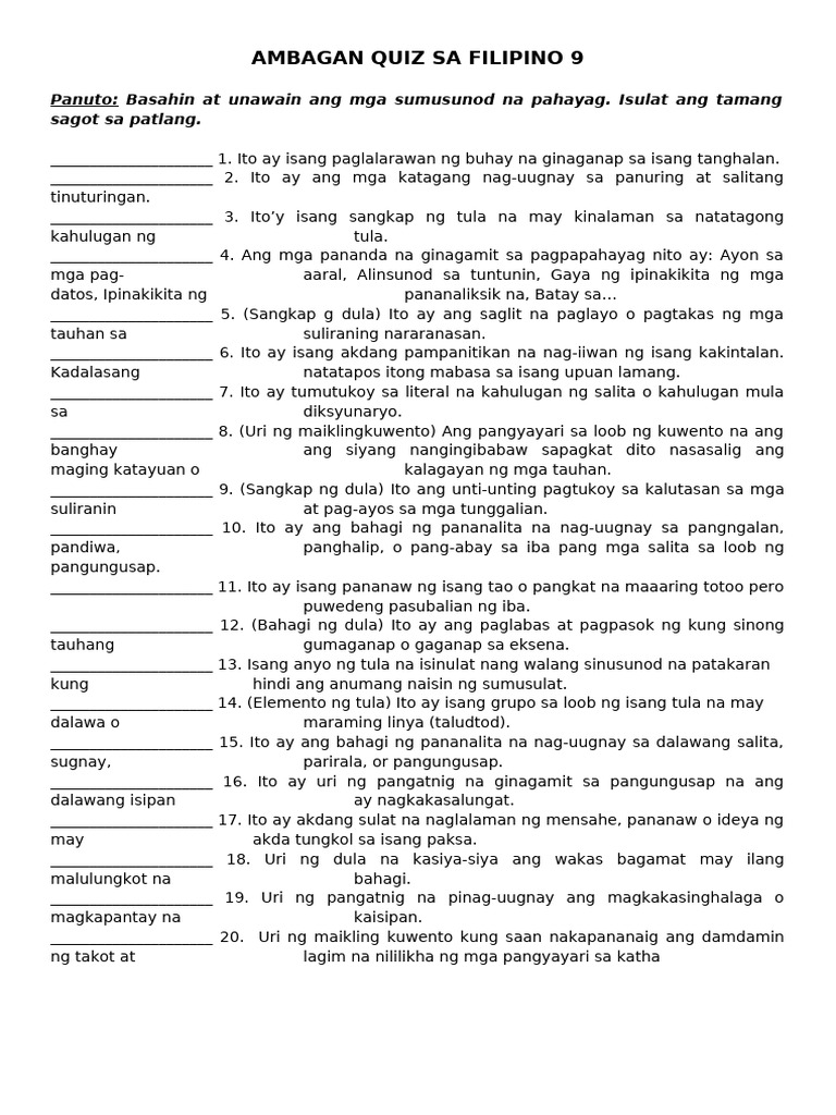 Ambagan Quiz Filipino 9 Quarter 1 | PDF