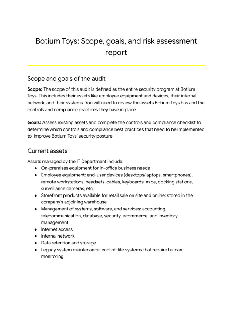 Botium Toys - Scope, Goals, and Risk Assessment Report | PDF | Regulatory Compliance | Password