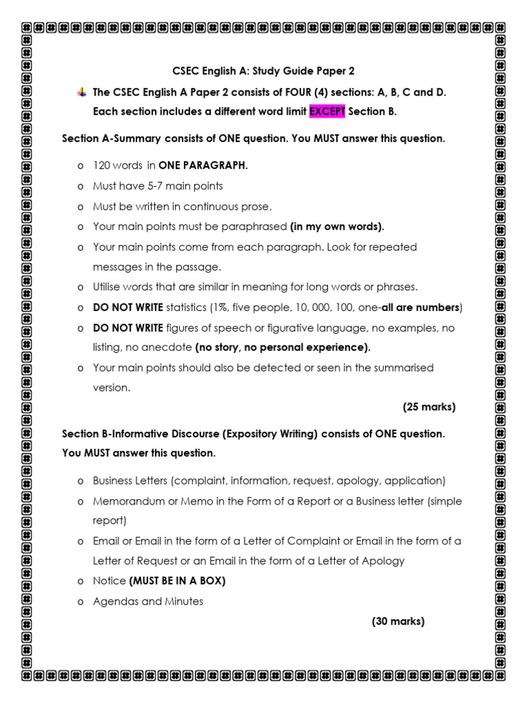 CSEC English Study Guide Paper 2-English A Correct Version | PDF