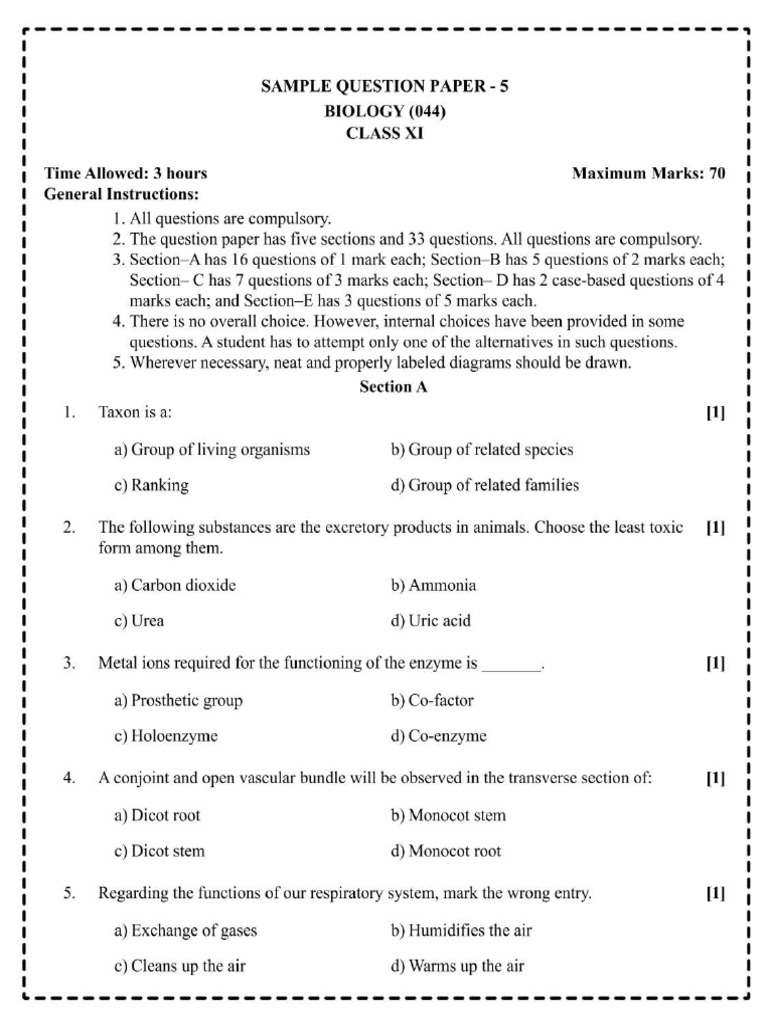 Biology Sample Paper5 Class 11 | PDF