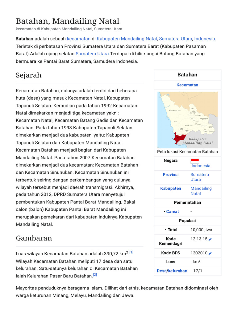 Batahan, Mandailing Natal - Wikipedia Bahasa Indonesia, Ensiklop | PDF