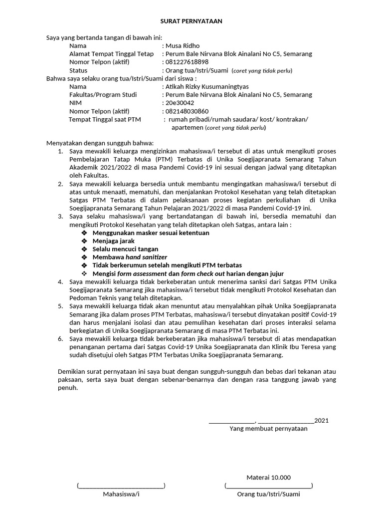 Surat Pernyataan Ortu 2021 | PDF