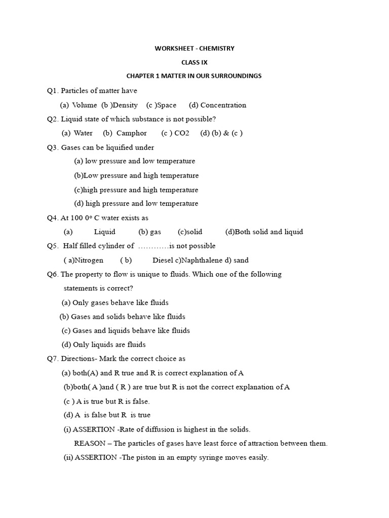 Class IX Chemistry Worksheet - Apr 2024 | PDF