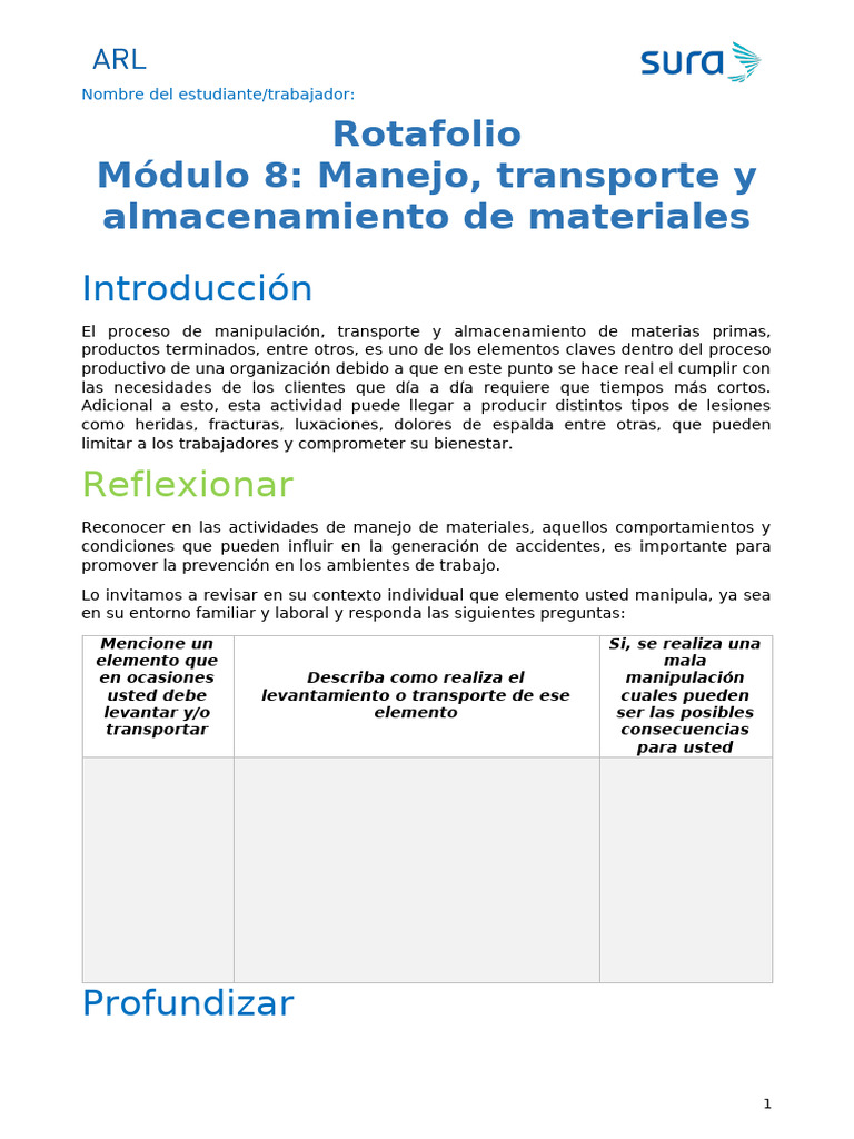 Rotafolio Módulo 8. Manejo Transporte y Almacenamiento de Materiales - 2023 ARL SURA | PDF