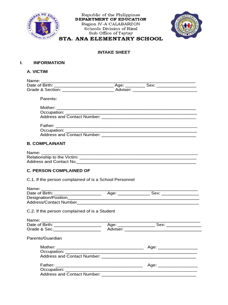 Intake Sheet of Child 1 | PDF