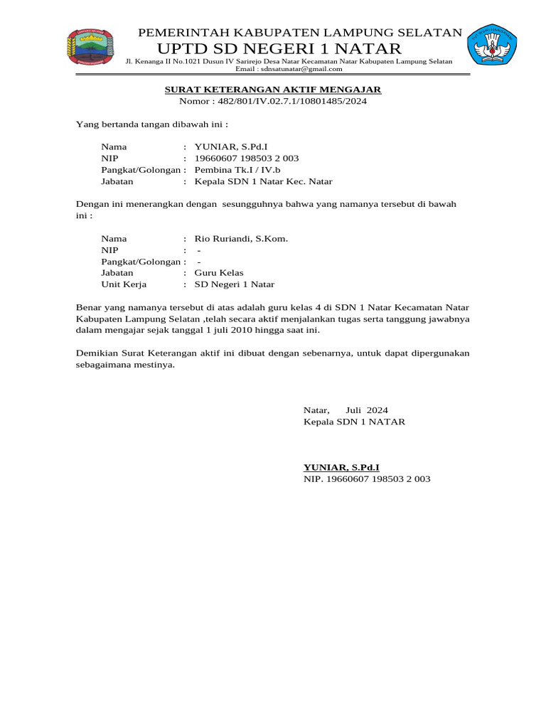 SURAT - KETERANGAN - AKTIF - MENGAJAR Pak Rio | PDF