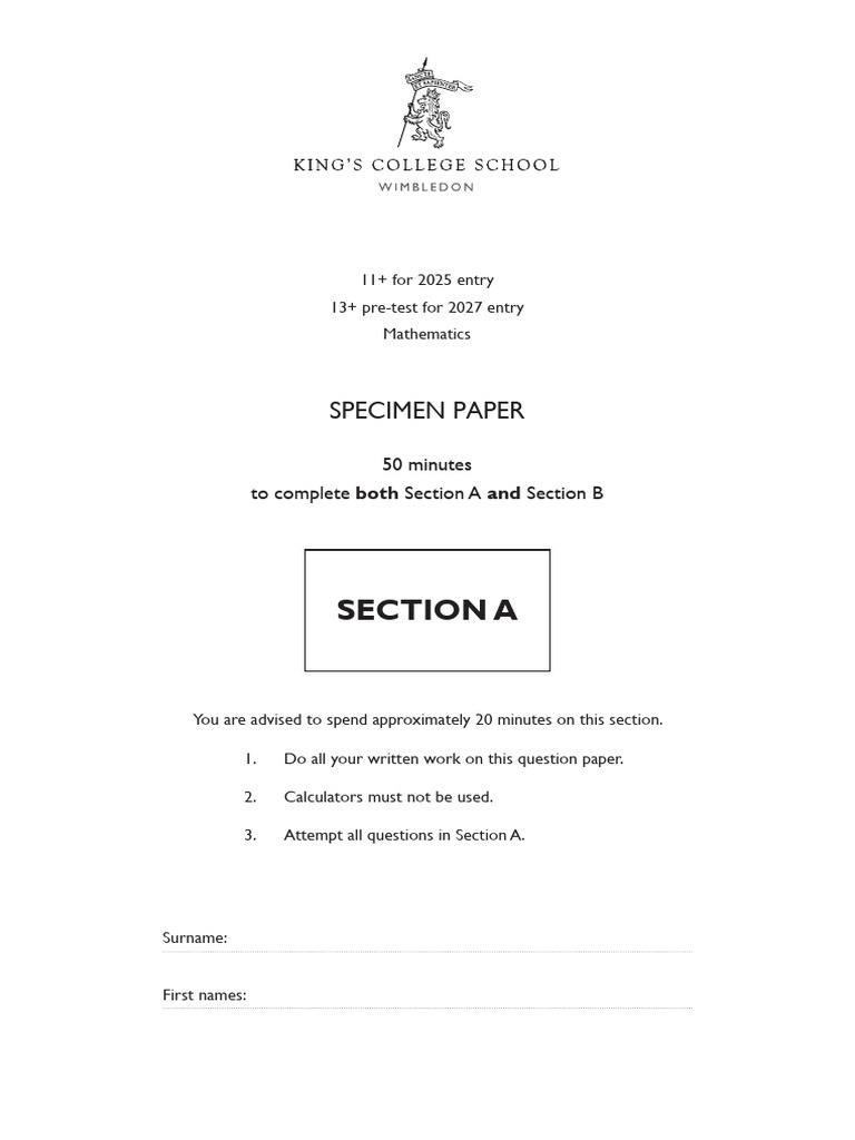 Maths A 11plus 2025 13plus Pre Test 2027 Specimen Paper | PDF