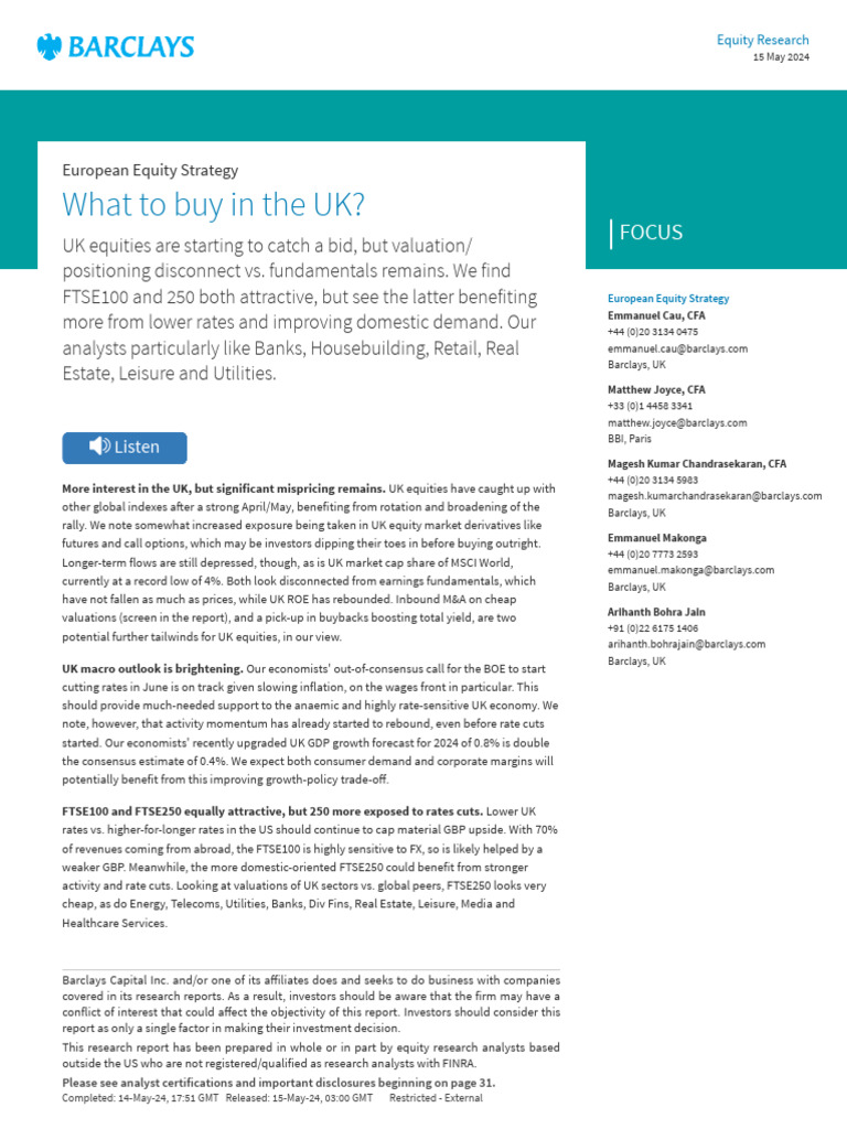 Barclays European Equity Strategy What To Buy in The UK | PDF