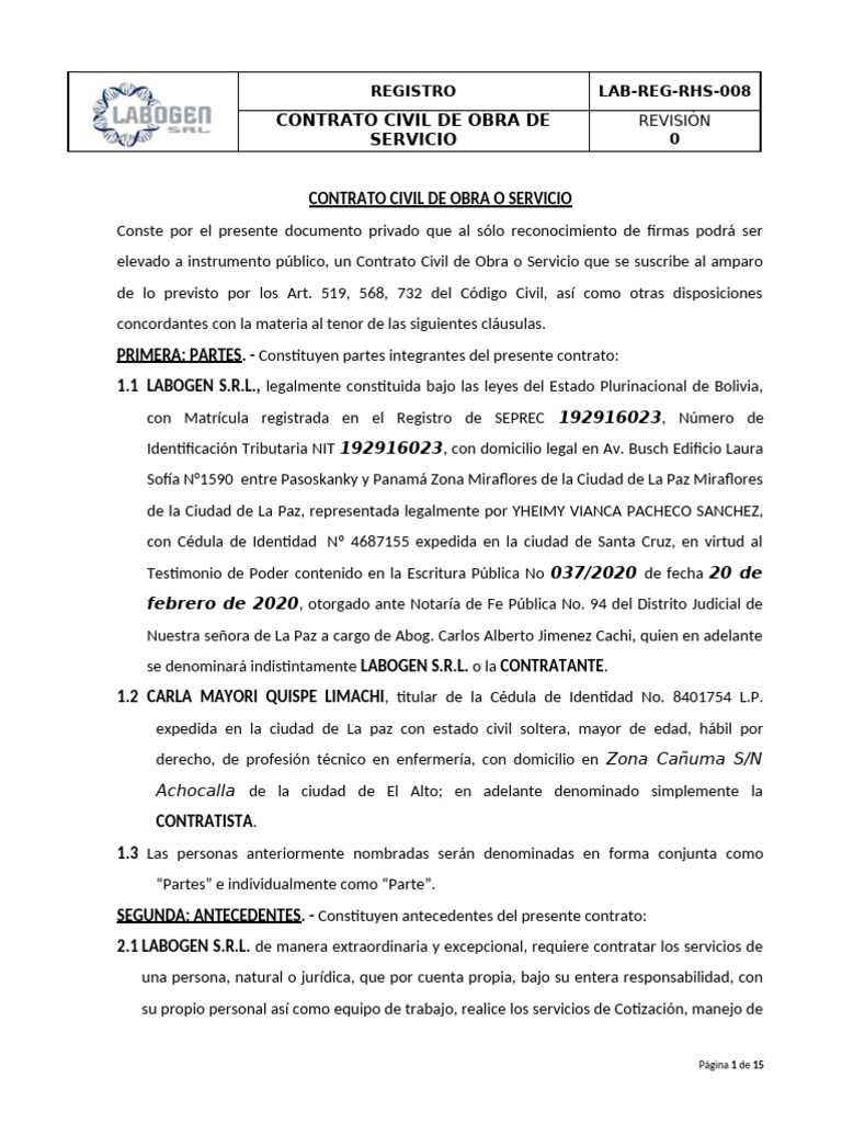 LAB-REG-RHS-008 CONTRATO POR SERVICIOS Rev0 | PDF