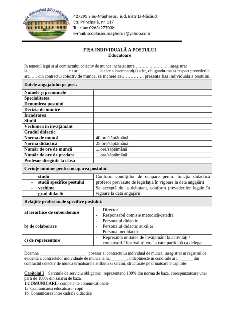 Fisa - Post EDUCATOARE 2017 | PDF