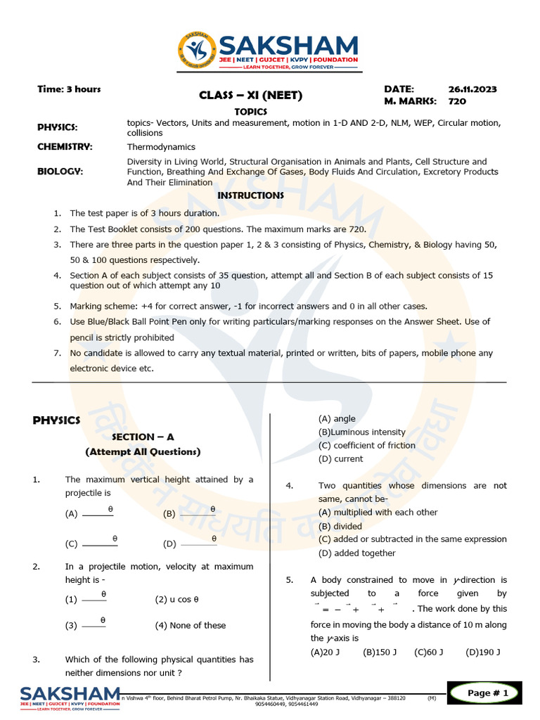 Class - 11 Neet Paper 26.11.2023 | PDF