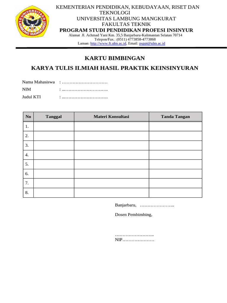 KARTU BIMBINGAN KARYA TULIS - Nama Mahasiswa - NIM | PDF