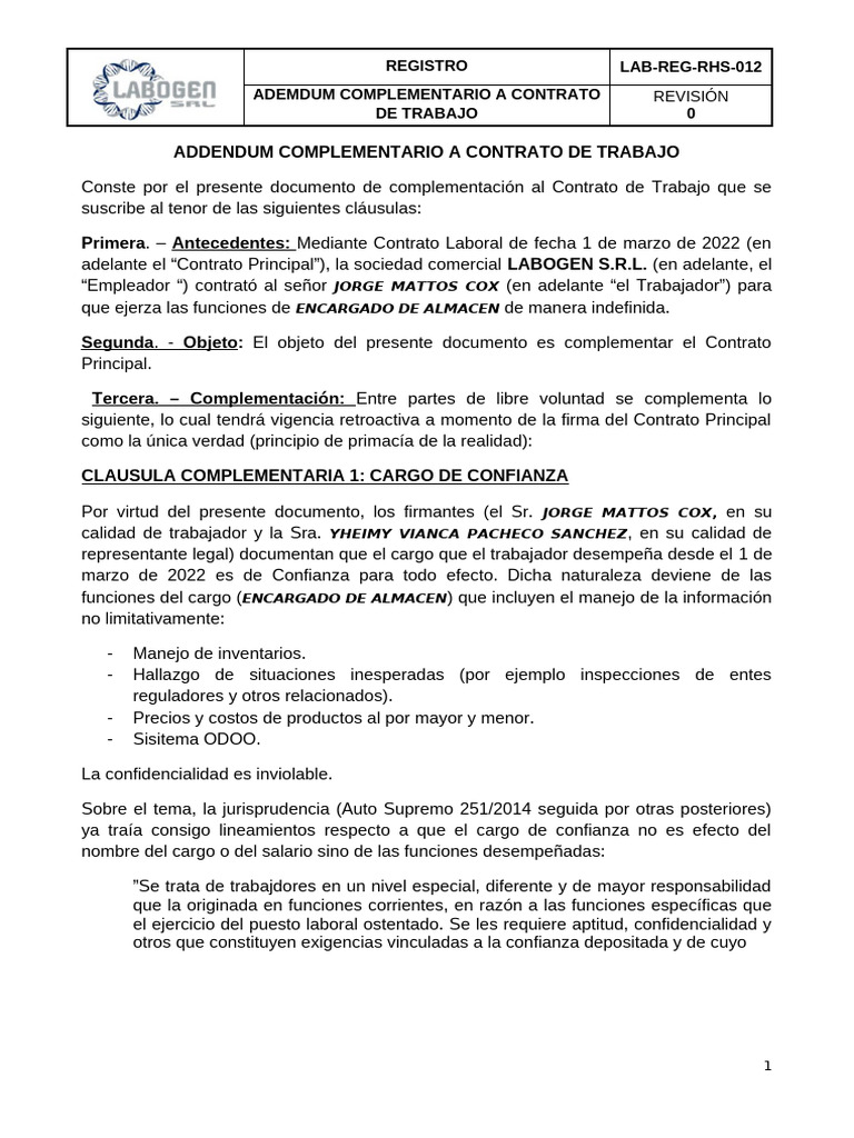 LAB-REG-RHS-012 ADEMDUM COMPLEMENTARIO Rev0 | PDF