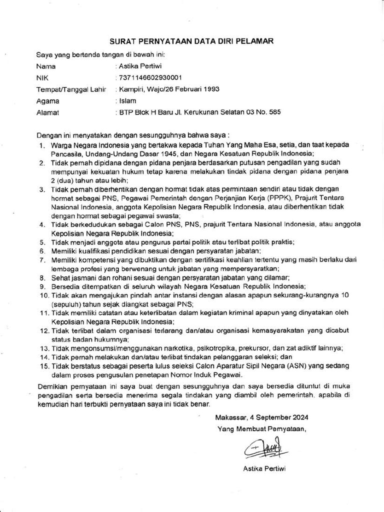 Surat Pernyataan Astika Pertiwi | PDF