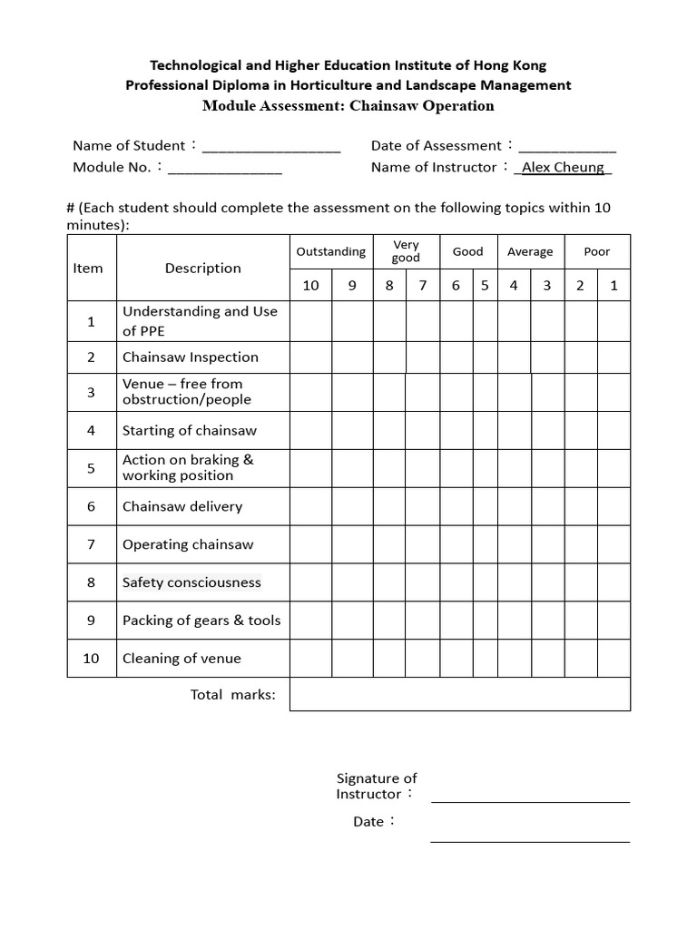 M2 19-20A Checklist of Chainsaw Operation - Rev | PDF