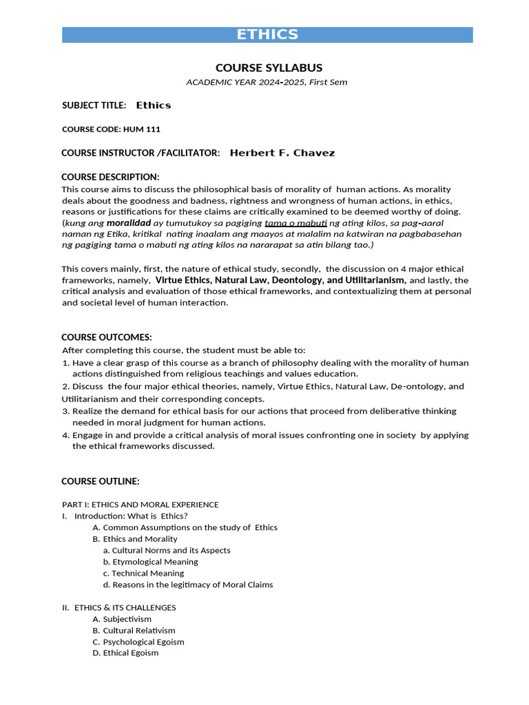 ETHICS - Module 01 Syllabus | PDF