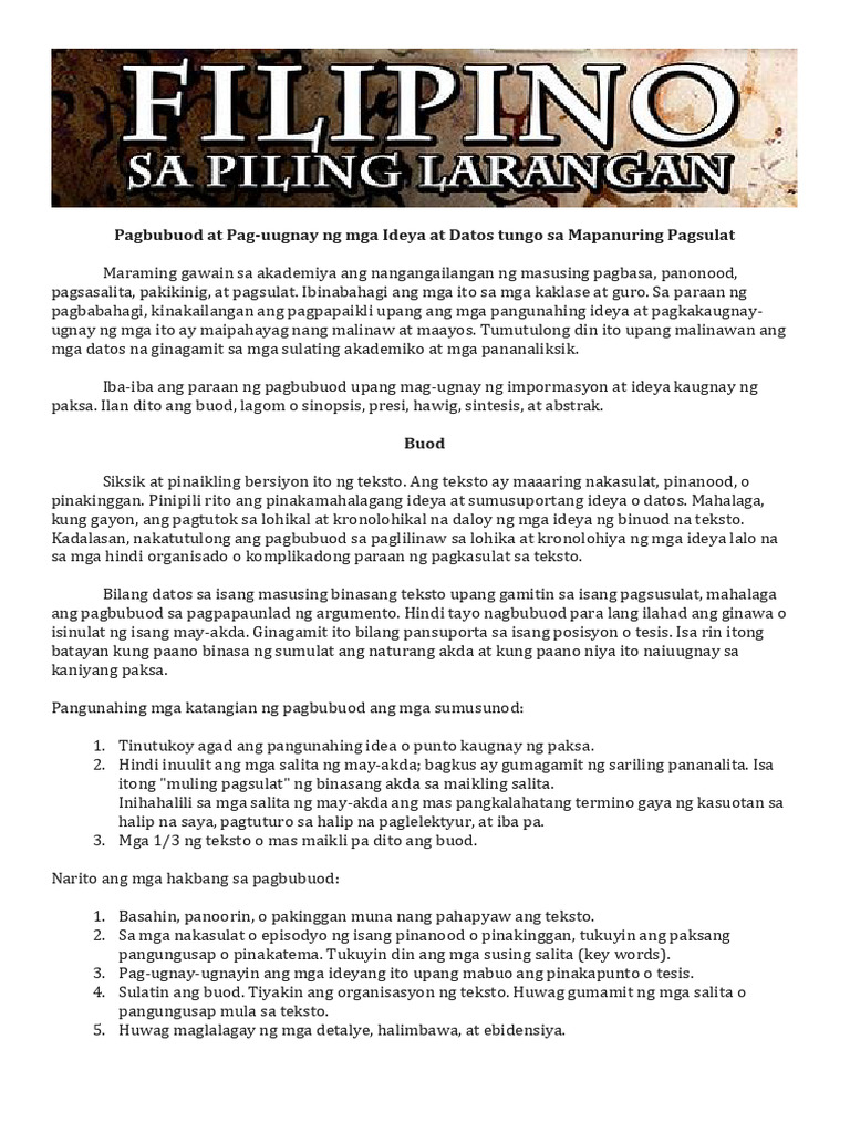 Pagbubuod at Pag Uugnay NG Mga Ideya at Datos Tungo Sa Mapanuring ...
