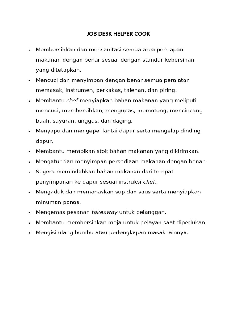 Job Desk Helper Cook | PDF