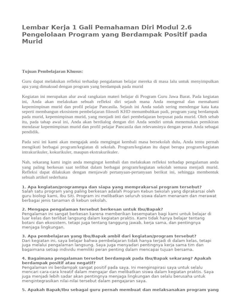 Lembar Kerja 1 Gali Pemahaman Diri Modul 2.6 | PDF Lembar Kerja 1 Gali Pemahaman Diri Modul 2.6 | PDF