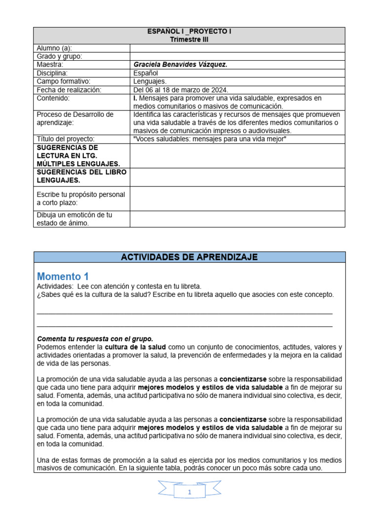 1° Proyecto 1 Trimestre Iii G - B - V | PDF