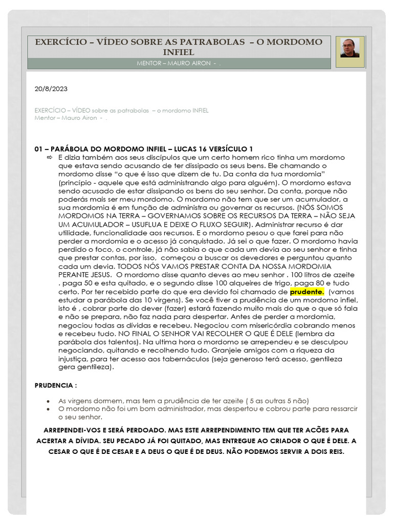 Mentoria - Parabola Do Mordomo Infiel - EXercicio Aula 18 | PDF