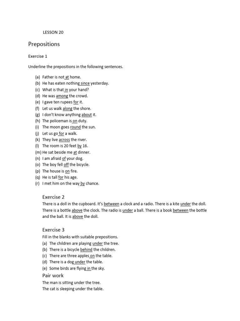 Prepositions: Lesson 20 | PDF