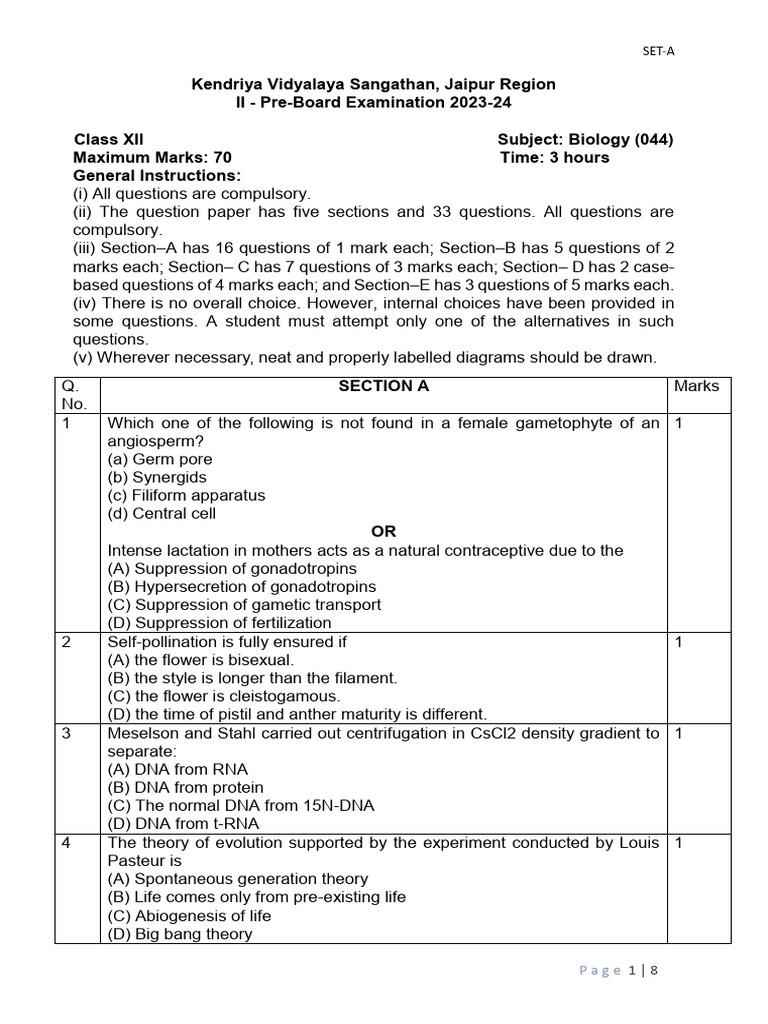 Biology Xii pb-2 2023-24 QP Set-A | PDF