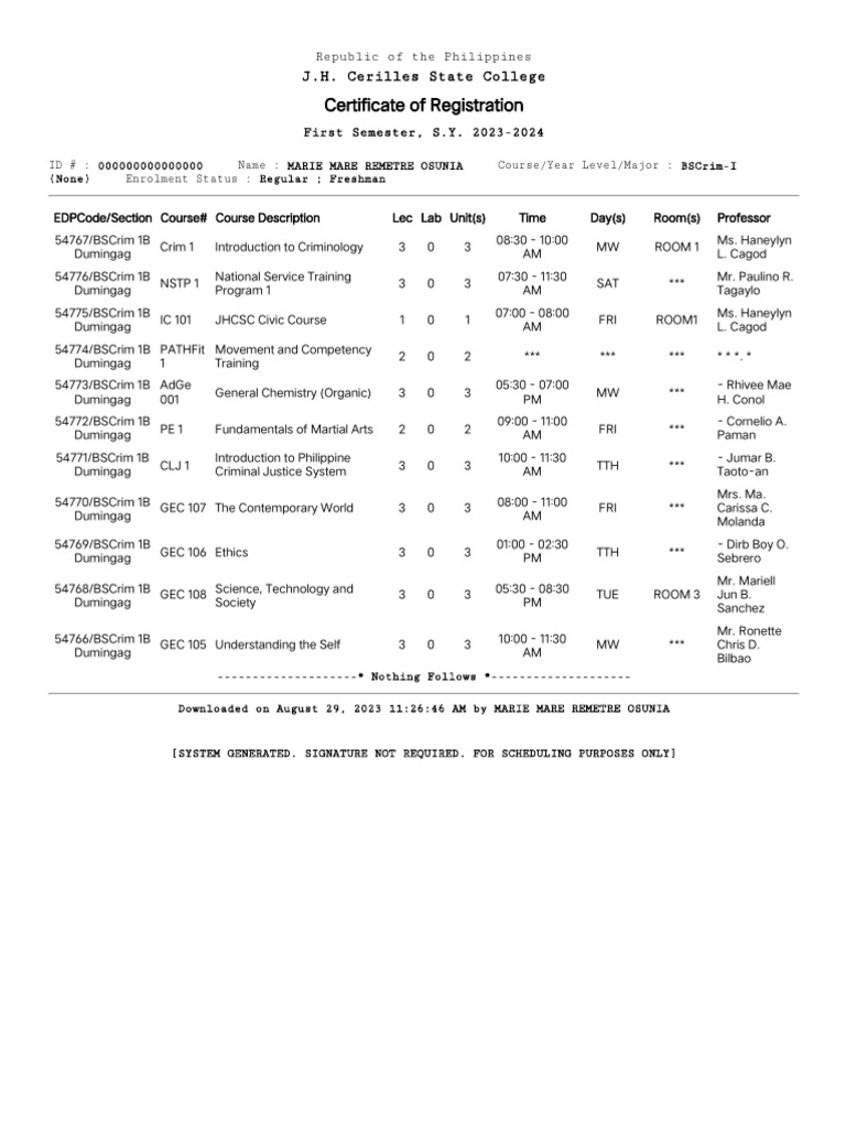 BSCrim-I Course Registration 2023-2024 | PDF