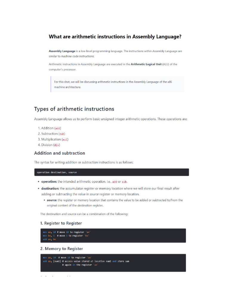 Arithmetic Instructions in Assembly Language | PDF