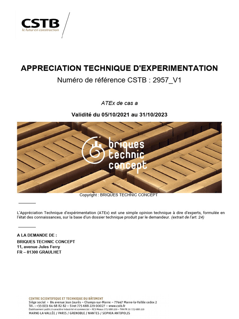 Appreciation Technique D'Experimentation: Numéro de Référence CSTB: 2957 - V1 | PDF