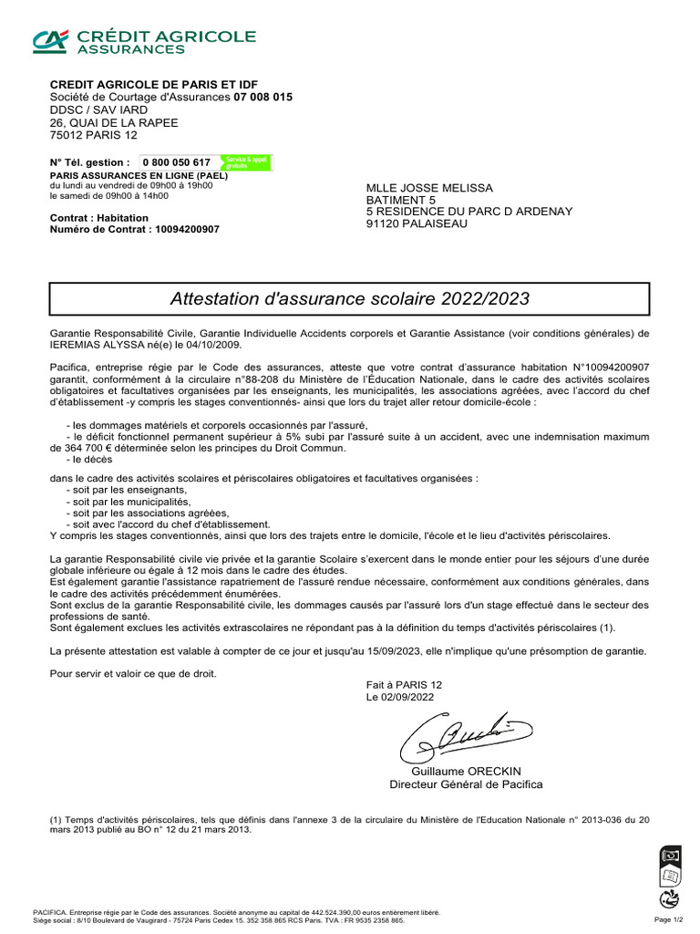 MELISSA - CA - Attestation - Scolaire - Habitation | PDF