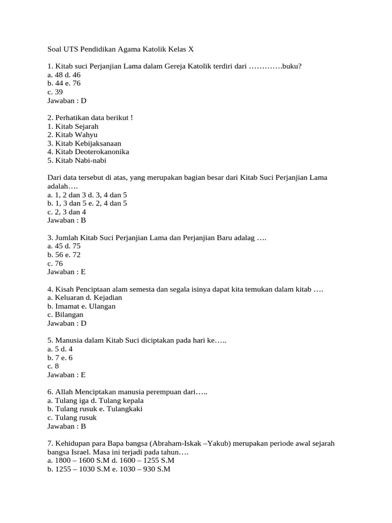 Soal UTS Pendidikan Agama Katolik Kelas X | PDF | Religión y espiritualidad