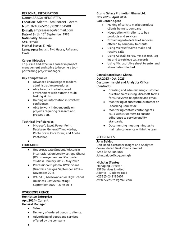 Asaga Henrietta CV 1page | PDF
