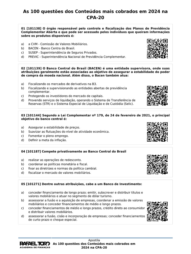 As 100 questões dos Conteúdos mais cobrados em 2024 na CPA-20-1 | PDF