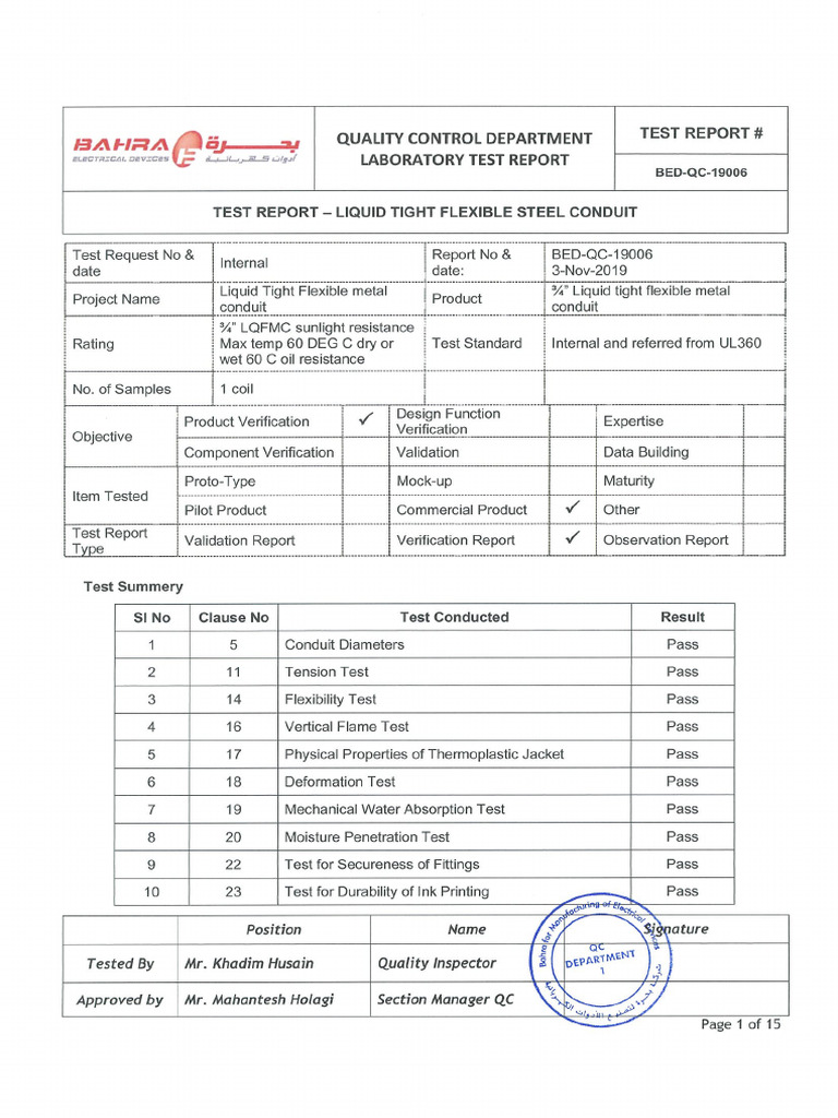 BED-QC-19006 - Type Test Report For 3-4 Inch LQTMC (Non-UL) - Stamped | PDF