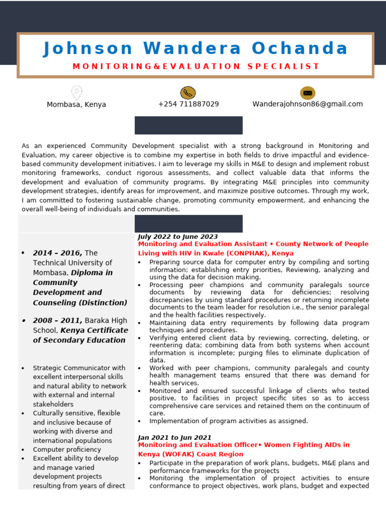 Monitoring and Evaluation CV | PDF