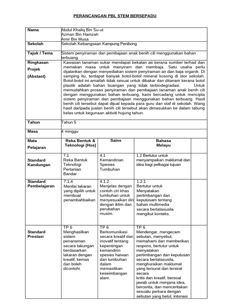 Perancangan PBL STEM Bersepadu - SK Kpg. Penibong 2024 | PDF Perancangan PBL STEM Bersepadu - SK Kpg. Penibong 2024 | PDF