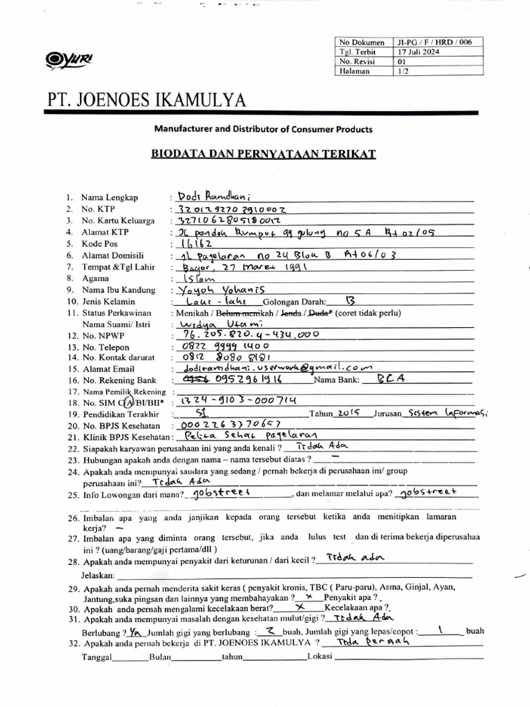 Biodata PT Joenoes Ikamulya (Yuri) | PDF