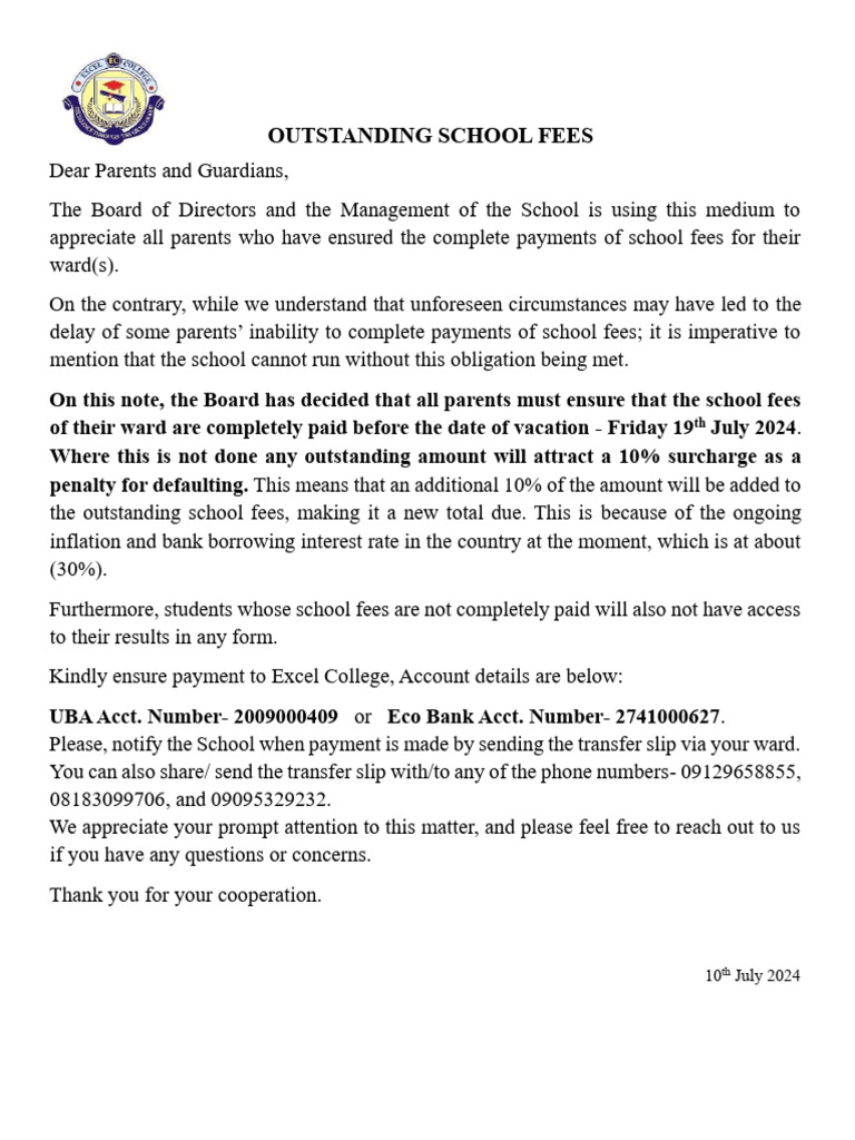 Outstanding School Fees Communication | PDF | Career & Growth | Business