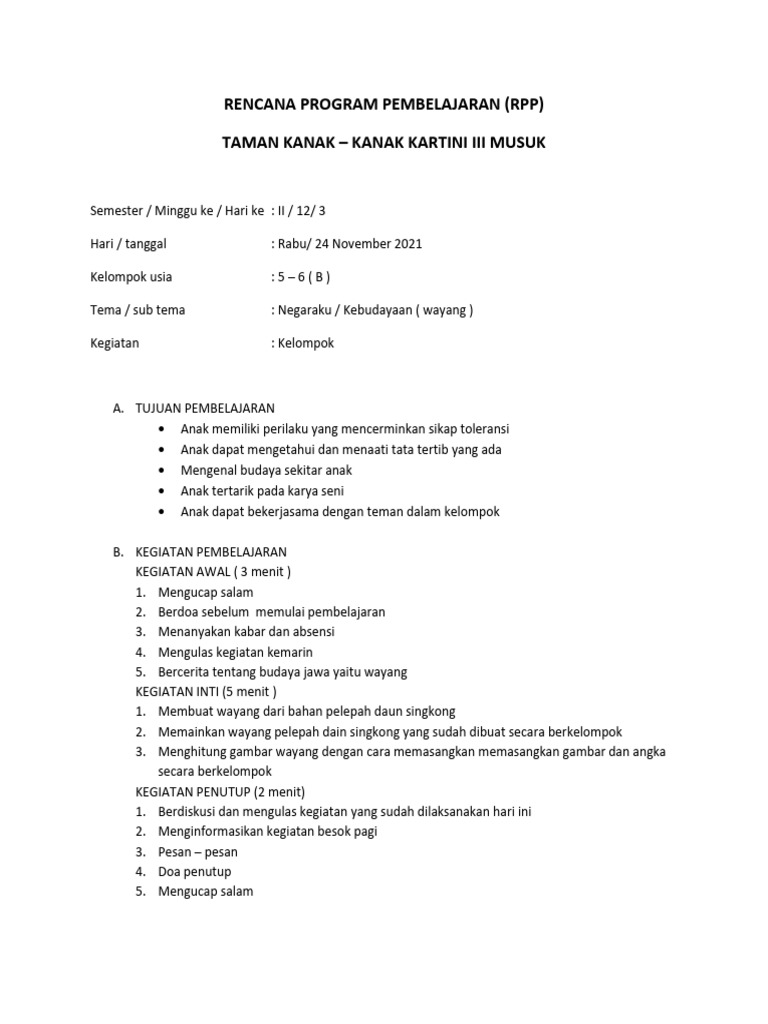 RPP Paud 5 6 Tahun Tema Negaraku | PDF