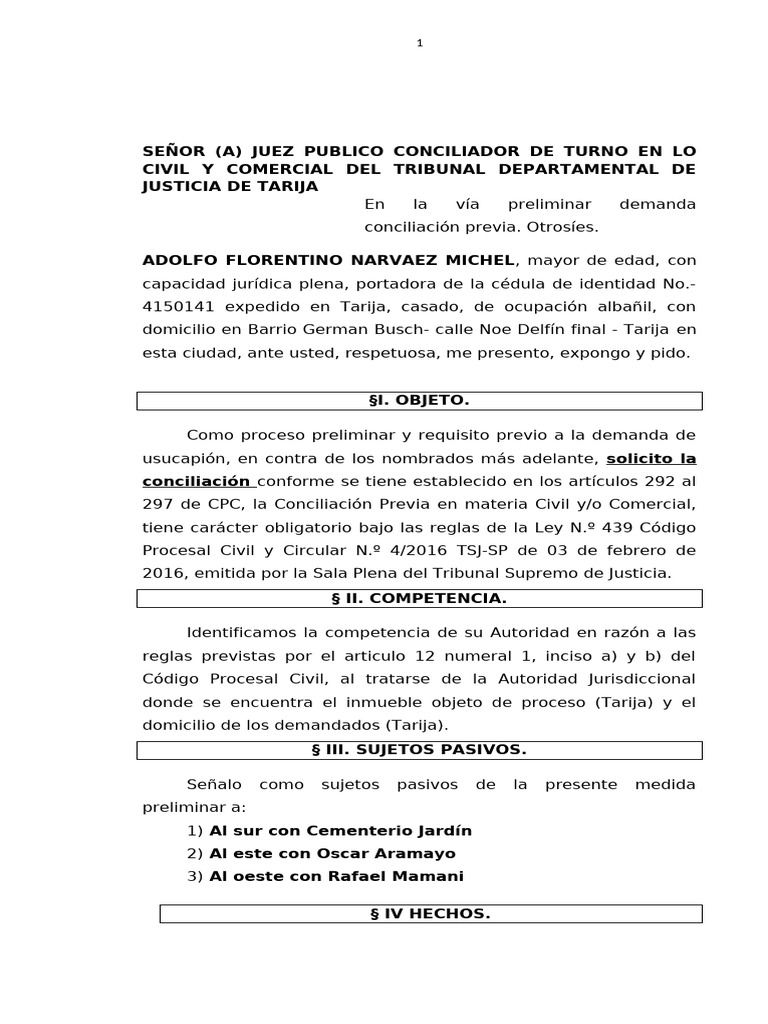CONCILIACION ADOLFO FLORENTINO NARVAEZ MICHEL | PDF