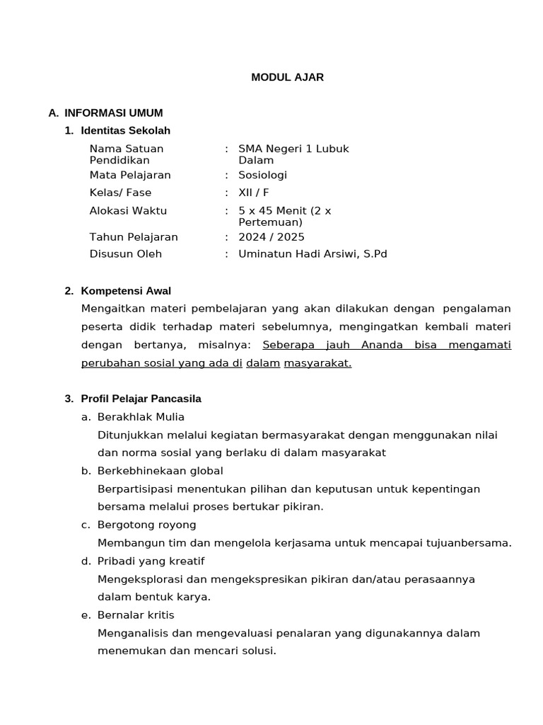 MODUL AJAR XII Sosio Sem.1 2024 | PDF