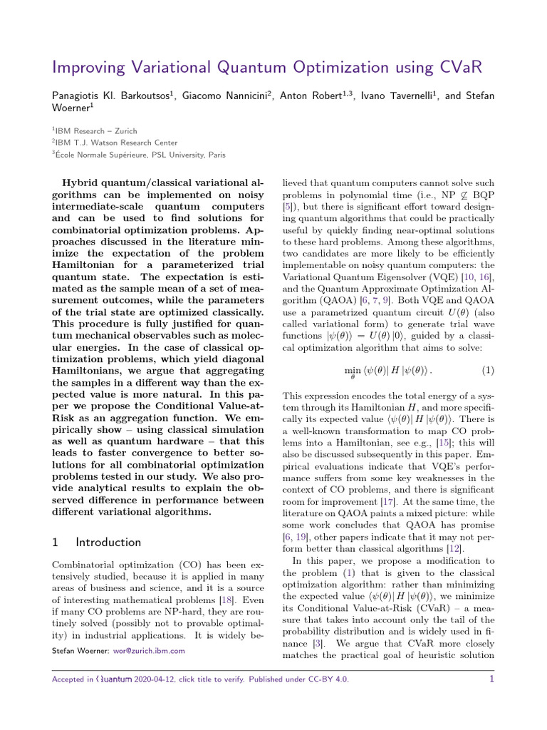 Improving Variational Quantum Optimization Using Cvar | PDF