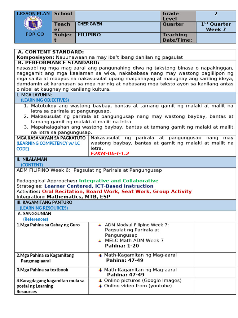 Cot q1 Filipino 2 Week7 DLP | PDF | Learning | Pedagogy