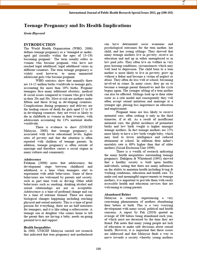 Teenage Pregnancy and Its Health Implications | PDF