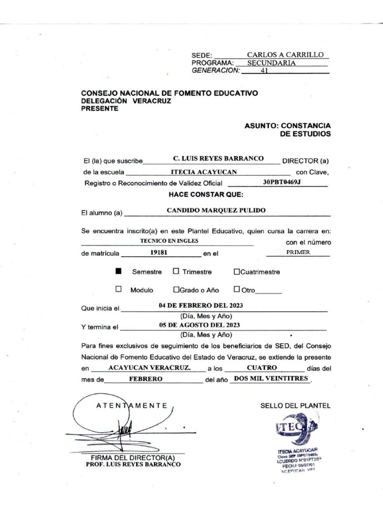 Constancia de Estudio Candido Márquez Pulido | PDF