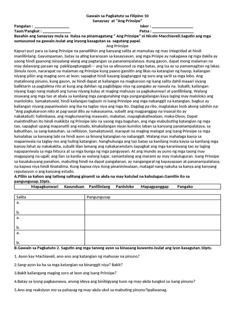 Sanaysay at Ang Prinsipe Las Filipino 10 | PDF